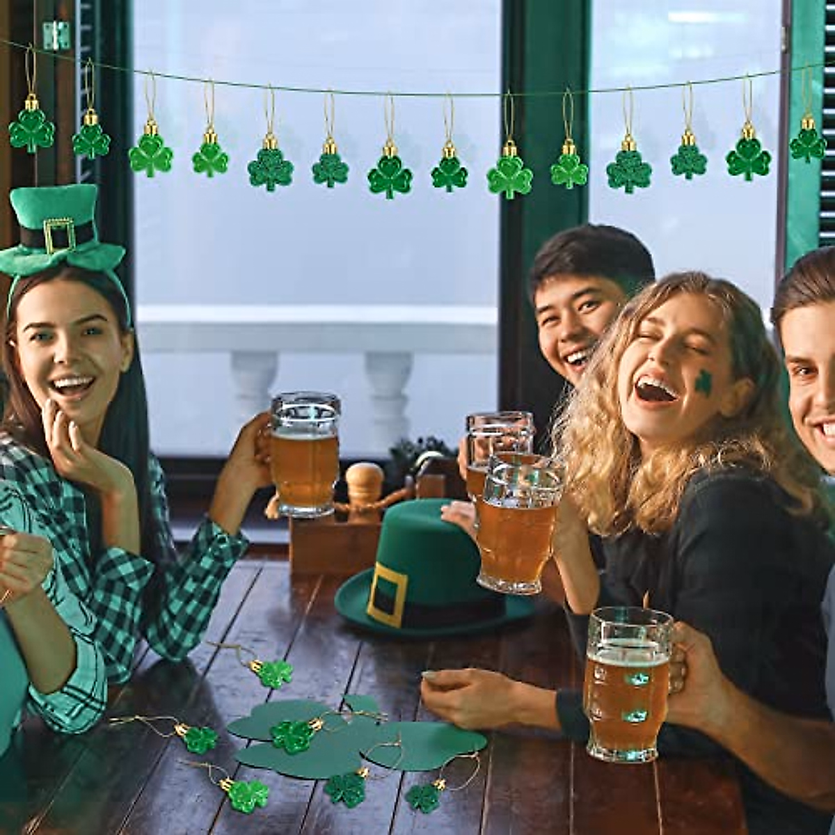 Fovths 36 Pieces 2 Sizes St Patrick's Day Shamrocks Ornament Set 3 Styles Green Good Luck Clover Hanging Bauble for Tree, Table, Party Hanging Decorations