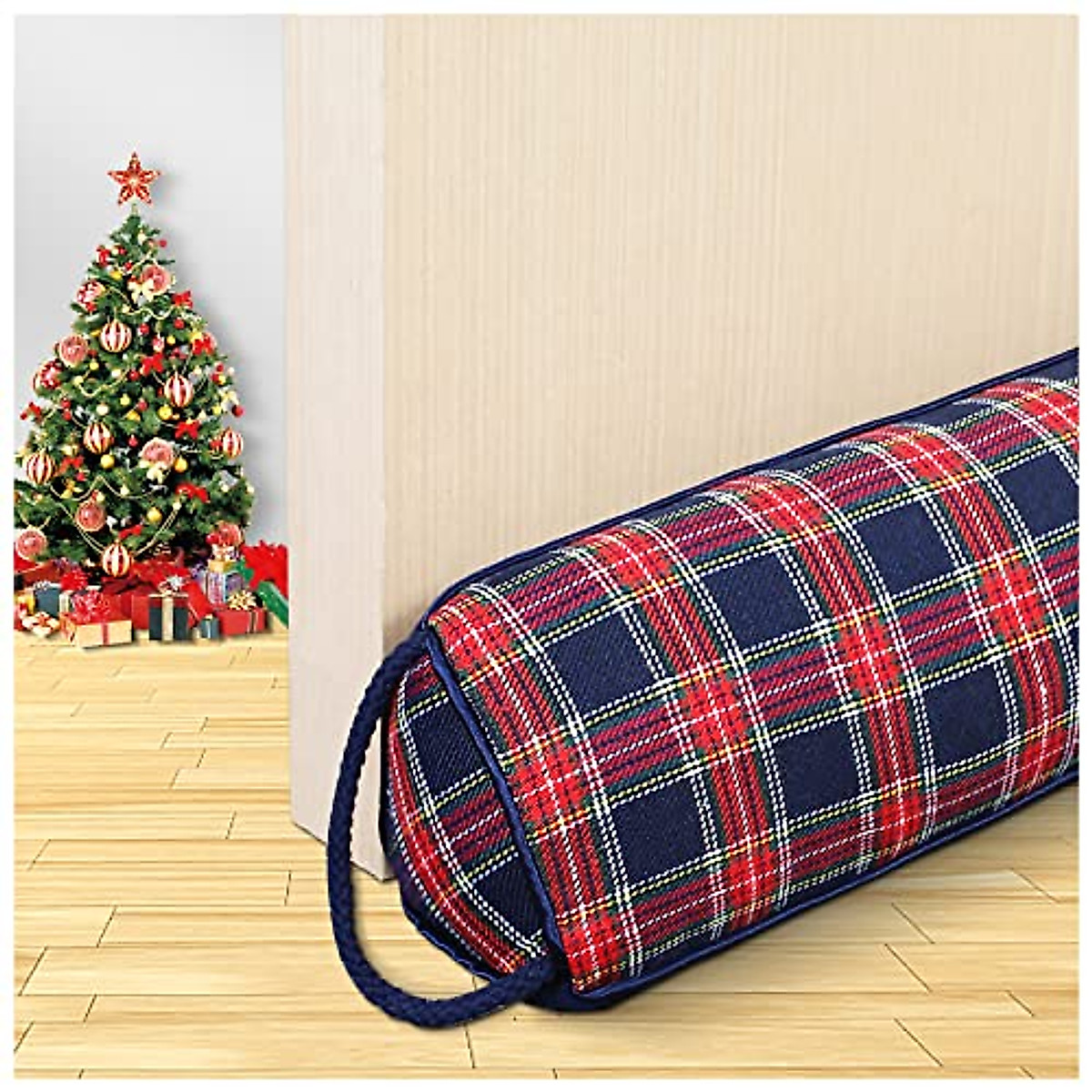 Triangle Under Door Draft Stopper Noise Blocker 28 Inches for Door Bottom Air Seal Insulation and Soundproof, Heavy Duty Weather Guard Snake Stripping, Tartan Check Navy Blue Red
