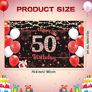 Red Happy 50th Birthday Banner Decorations for Men Women, Large Red Black Glitter 50th Birthday Backdrop Cheers to 50 Years Old Birthday Banner Photo Background Anniversary Party Supplies (50th)
