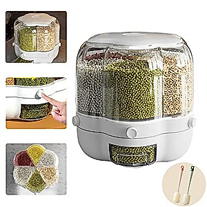 15lb Cereal and Grain Storage Container, 6-Compartment 360°Rotating Dry Food Dispenser with Measuring Cup, Kitchen Lentil Round Storage Container Dispenser for Small Grains, Beans, Rice, Barley,