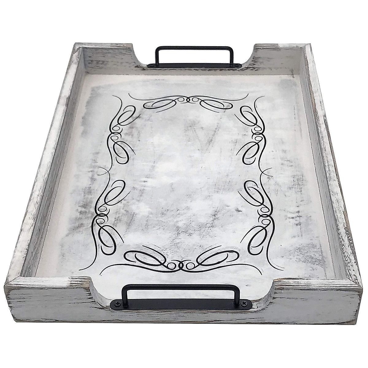 Booleaf Serving Tray, Authentic Paulownia Wood, Sturdy Black Metal Handles - Tribal Design