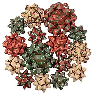 RUSPEPA Kraft Paper Christmas Gift Bow Assortment - Red, Green and White Design for Christmas, Holiday, Birthday, Wedding, Baby Shower - Total 15 Bows, 3 Size