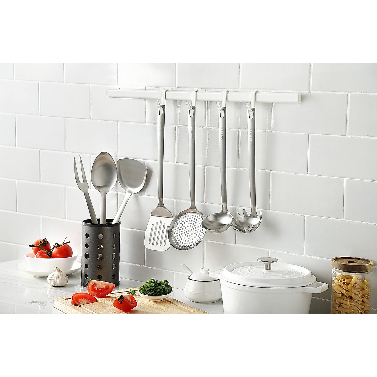 McCook® MC60 Kitchen Utensil Set, Stainless Steel Cooking Utensils Sets, 9-Piece Kitchen Turner, Serving Spoon, Ladle, Skimmer Spoons, Fork, Pasta Server,Spoon Rest and Holder