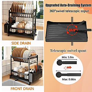 Santentre 2-Tier Dish Drying Rack with Removable Utensil Holder, Over Sink Dish Drying Rack for Space Saver, Dish Drainers for Kitchen Counter, Rust Resistant Stainless Steel Dish Rack, Black