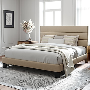 Allewie King Size Platform Bed Frame with Fabric Upholstered Headboard and Wooden Slats Support, Fully Upholstered Mattress Foundation/No Box Spring Needed/Easy Assembly, Beige