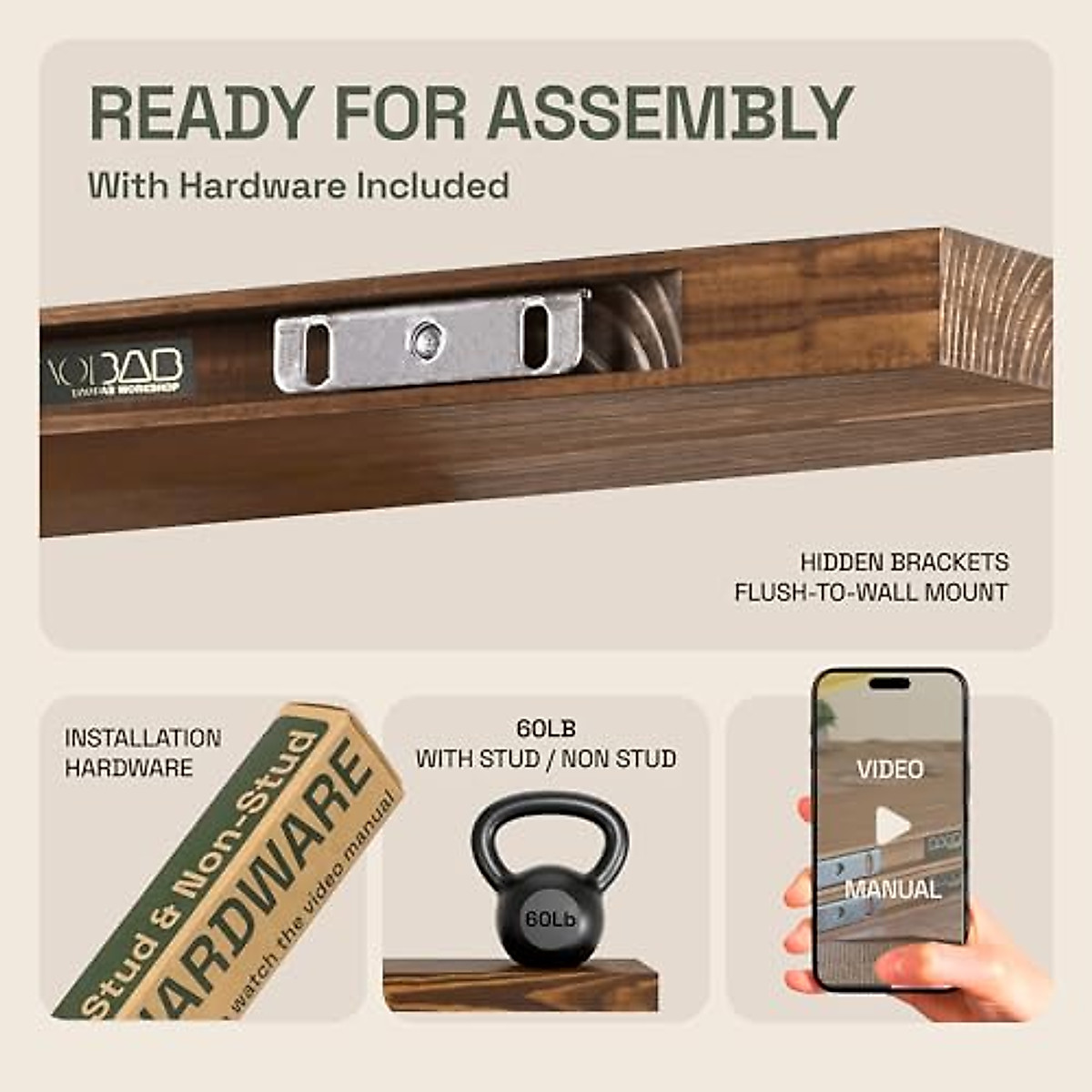 BAOBAB WORKSHOP Wood Floating Shelves 16 inch - Bathroom Shelves for Room Wall Mount - Wide Wooden Wall Shelves for Bedroom Kitchen Living Room - Walnut - 16D x 6.7W Inch, Set of 2