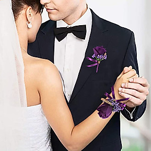 WANLIAN Rose Wrist Corsage Bridesmaid Corsage and Boutonniere Set for Wedding Prom Party Hand Flower Decoration Set of 2 (Purple)