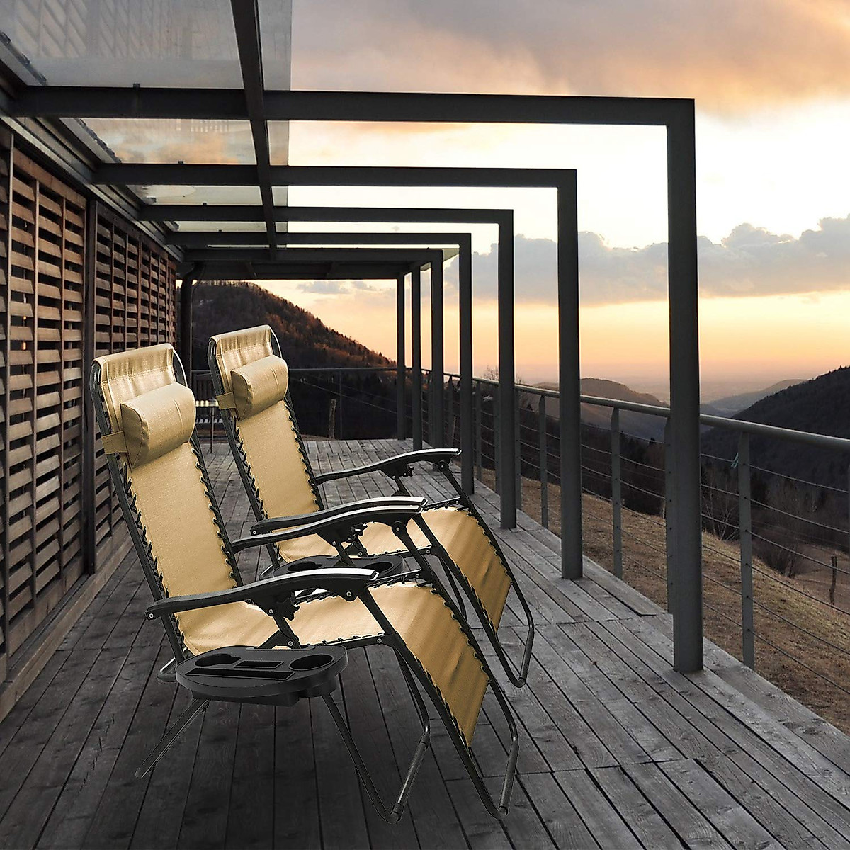 iMounTEK Set of 2 Adjustable Zero-Gravity Reclining Outdoor Lounge Chairs w/Pillows & Cup Holder Side Tray, Supports 330lbs, for Patio, Porch, Deck, Poolside, Beach, Lawn, Yard - Black/Blue/Brown/Tan