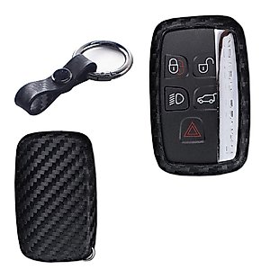 Xotic Tech Carbon Fiber Pattern Soft Silicone Key Fob Shell Skin Cover w/ Keychain, Compatible with Land Rover Range Rover Discovery LR2 LR3 LR4 or Jaguar XE XF XJ F-Typ F-Pace Smart Keyless Entry Key