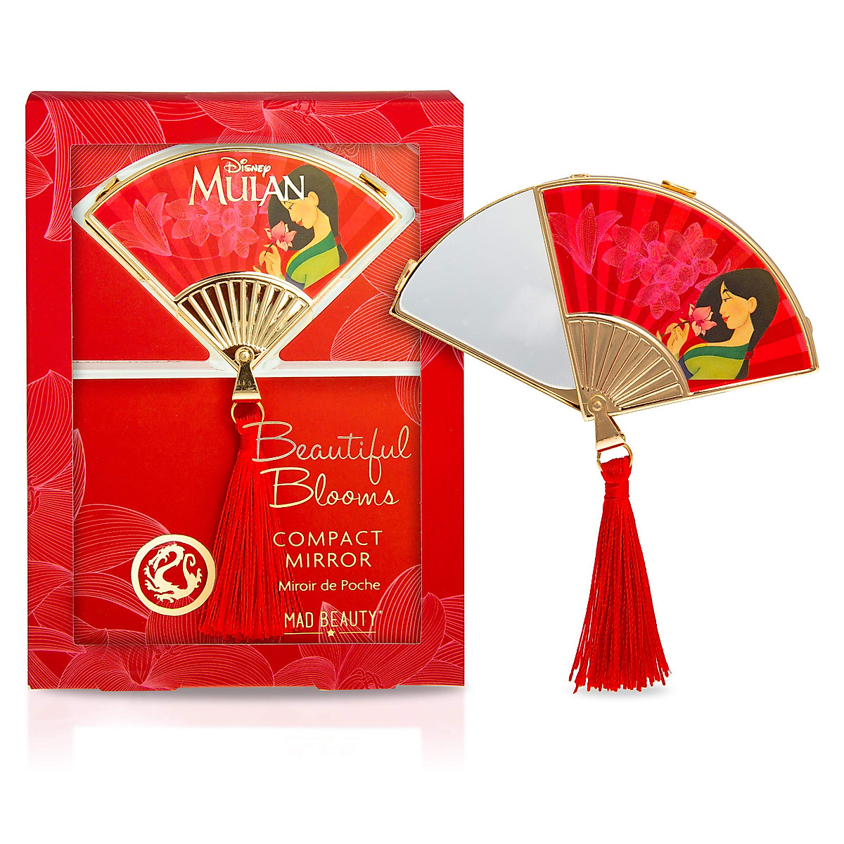 MAD Beauty Disney Mulan Compact Mirror | Cruelty-Free Cosmetics | Vibrant Red Beautiful Blooms Fan Design with Tassels | Gifts for Women, Adults, and Kids
