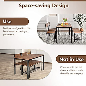 Tangkula 4-Piece Dining Table Set, Kitchen Table with Bench and Chairs, Metal Frame, Space-Saving Furniture, Modern 4-Person Dinette for Kitchen, Dining Room