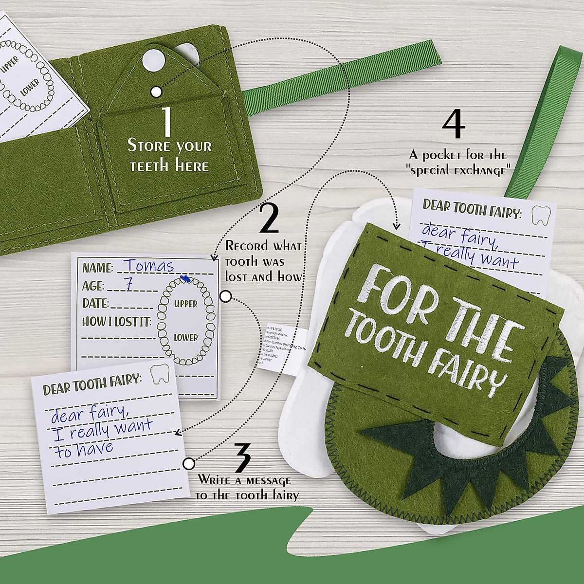 Dinosaur Tooth Fairy Pillow Boy-Tooth fairy kit w/Notepad & Keepsake Photo Pouch-Felt Tooth Fairy Box - Dear Tooth Fairy Notepad - Keepsake Tooth fairy Pouch for Teeth - Tooth Fairy Pillow boy & Girls