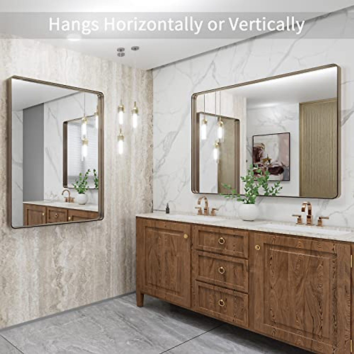 LOAAO 40”X36” Bronze Bathroom Mirrors for Vanity, Rounded Rectangle Brushed Bronze Metal Frame Mirror, Anti-Rust, Tempered Glass, Hangs Horizontally or Vertically