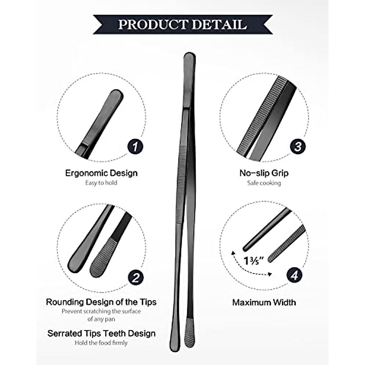 2 Pcs 12-inch Cooking Tweezers Tongs Precision Serrated Tips, Stainless Steel Professional Chef Tweezer Kitchen Tools for BBQ, Plating and Serving (Black)