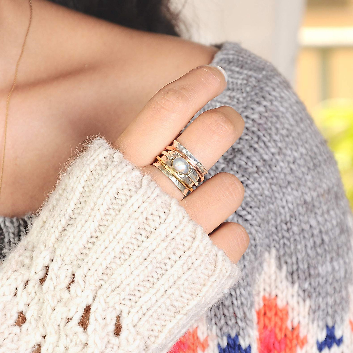 Boho-Magic 925 Sterling Silver Spinner Moonstone Ring for Women with Copper and Brass Fidget Rings Bands (8)