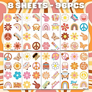 96PCS One Two Groovy 60s 70s Temporary Tattoos Birthday Theme Party Supplies Decorations Favors Decor Cute Retro Boho Hippie Rainbow Bus Tattoo Stickers Gifts for Kids Boys Girls Class Prizes Carnival
