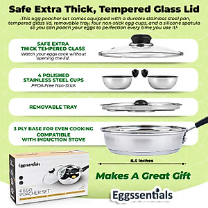 Egg Poacher - Eggssentials Poached Egg Maker, Stainless Steel Egg Poaching Pan, Poached Eggs Cooker Food Grade Safe PFOA Free with Spatula