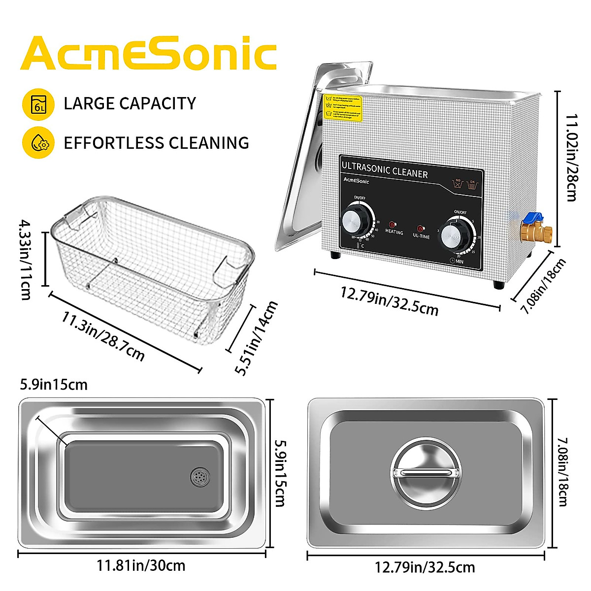 ACMESONIC Ultrasonic Cleaner 6Lfor Vinyl CD, (300W Heater,180W Ultrasonic) Ultrasonic Parts Cleaner with Heater Timer for Cleaning, Jewelry, Coins, Metal Small Parts, Circuit Board, Lab Tools, etc