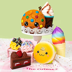 SYYISA Jumbo Squishies Slow Rising [7-Pack]: Cake, Ice Cream, Bread, Chocolate Cookie, Chocolate Frappuccino, and Waffles Kawaii Soft Food Squishy Toys - Squishys are Great Sensory Toys for Kids!