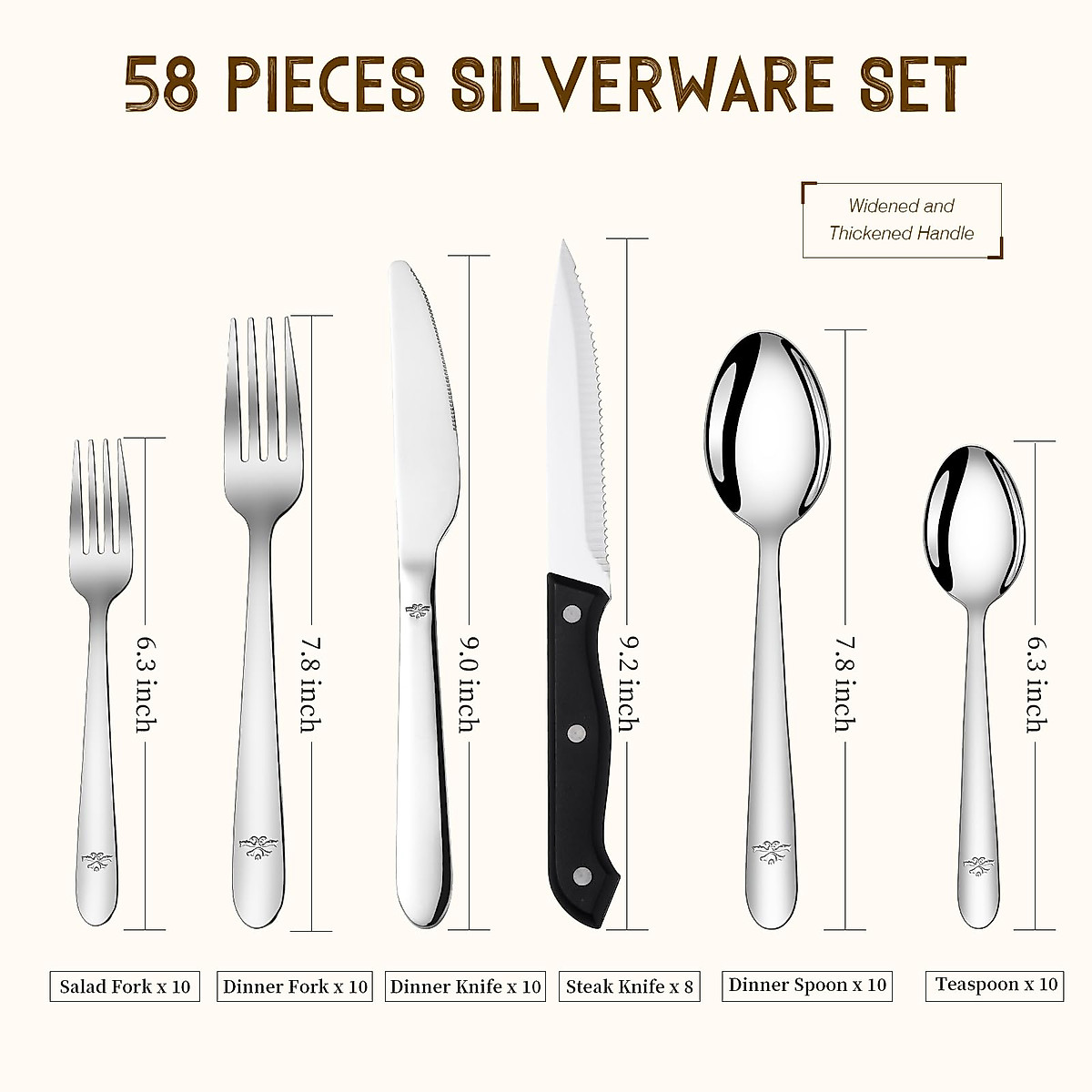 Amrules 58-Piece Silverware Set Service for 10 - Stainless Steel Flatware Cutlery Set - Knives Forks and Spoons Utensil sets for Home Kitchen Restaurant Hotel, Mirror Polished, Dishwasher Safe