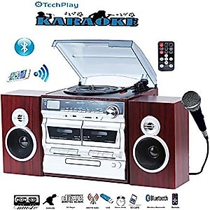 TechPlay Karaoke Enabled, 30W RMS, Retro Classic Turntable, NFC Bluetooth, Double Cassette Player/Recorder, CD MP3 Player, USB SD Ports, AM/FM Digital Alarm Clock and Full Remote Control