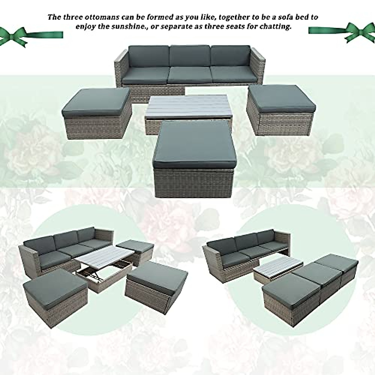 Merax 5-Piece Patio PE Rattan Wicker Sofa with Adustable Backrest,Cushions,Ottomans and Lift Top Coffee Table,Outdoor Furniture Sets,Dark Grey