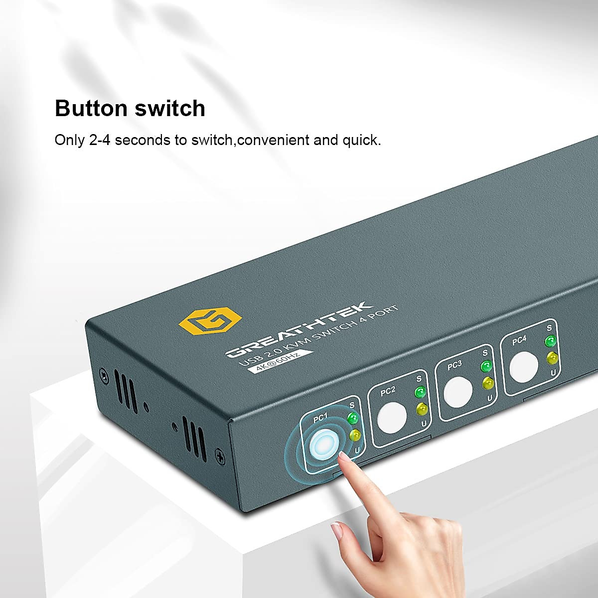 KVM Switch HDMI 4 Port, UHD 4K@60Hz Resolution YUV4:4:4 Downward Compatible,4 USB2.0,Support Printers and Other USB Devices, One Key to Switch,with All Needed Cables(4X1 4k@60Hz)