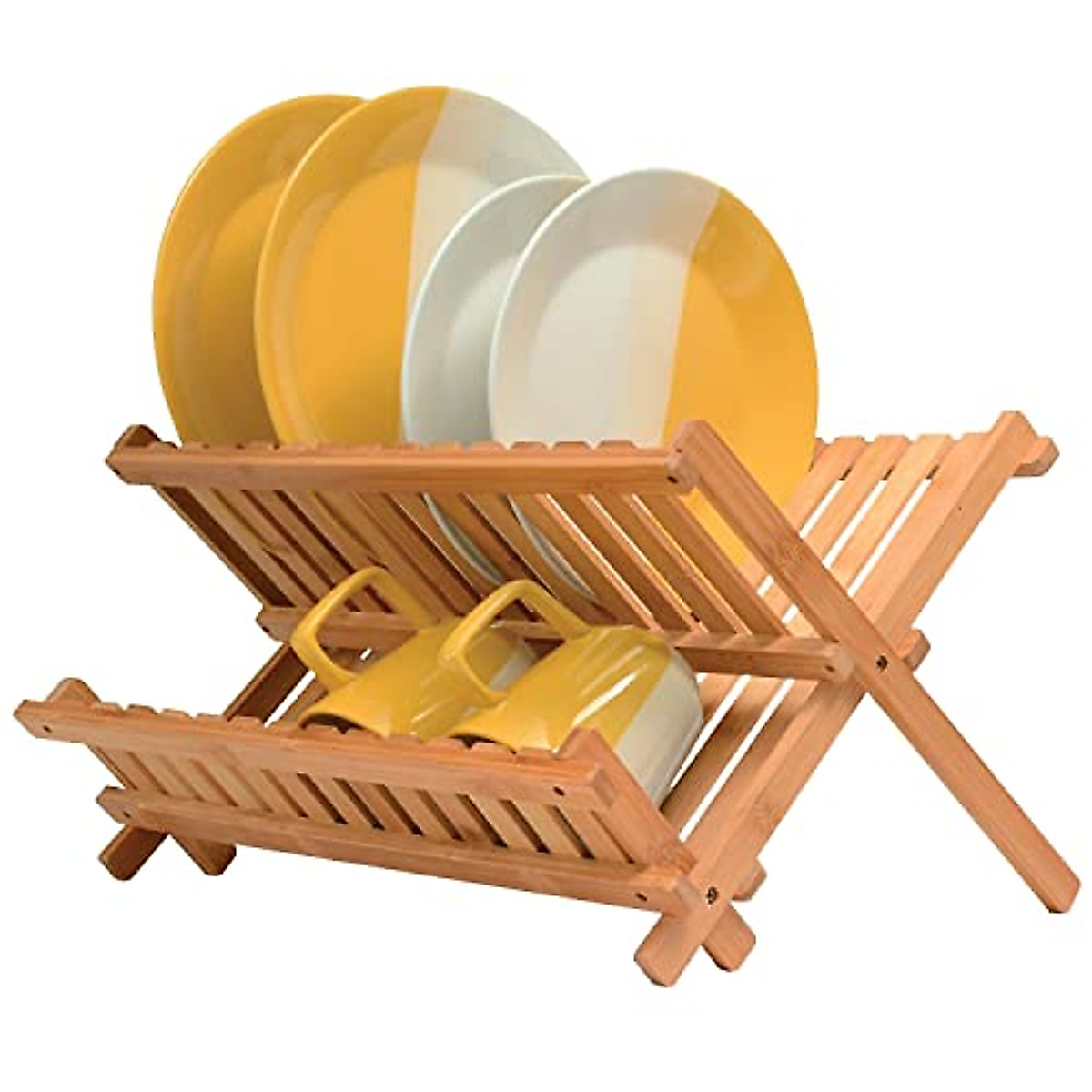Collapsible Dish Drying Rack - Bamboo 2-Tier Dish Drainer Kitchen Plate Rack for Kitchen Countertop - Foldable & Compact for Space-Saving Storage