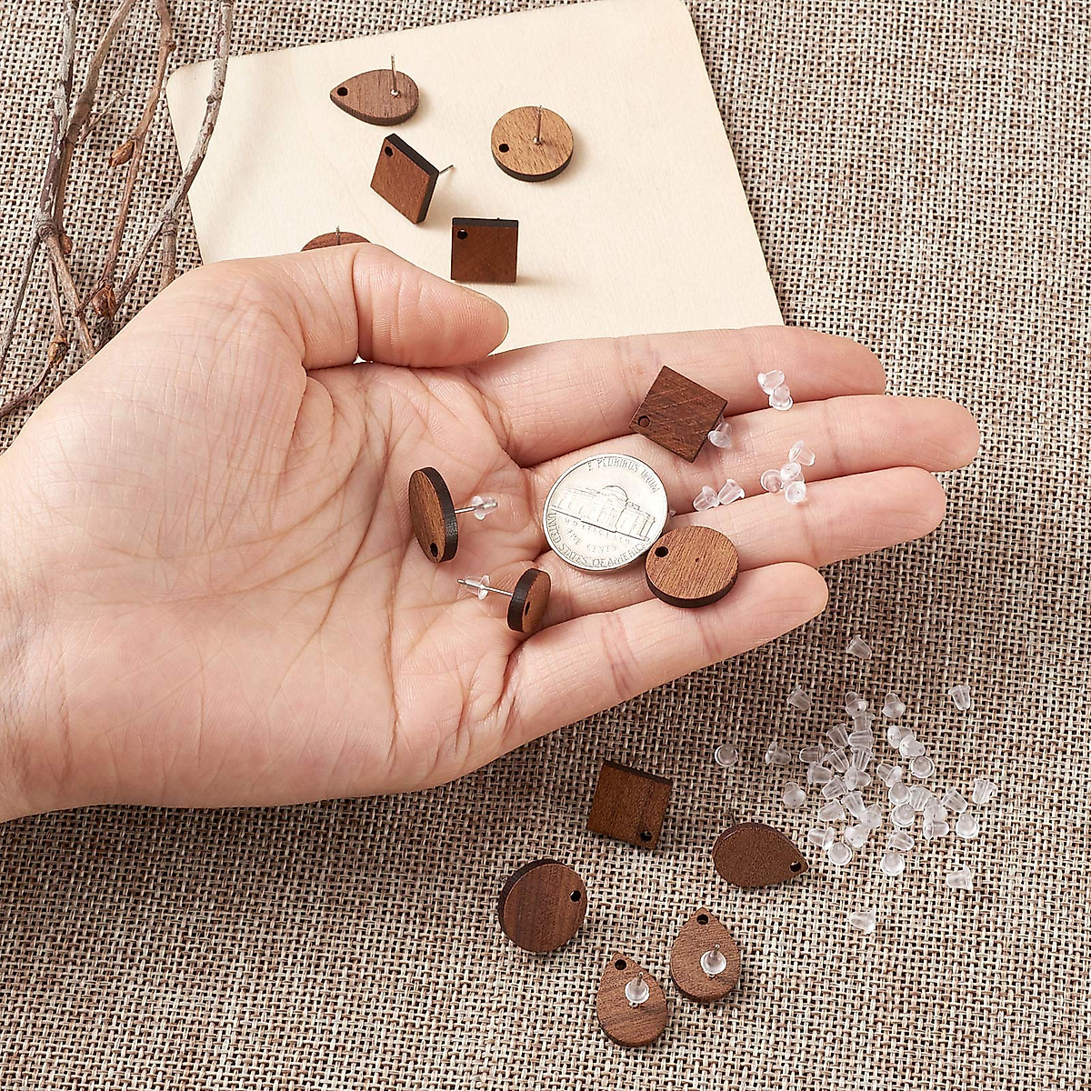 FASHEWELRY 16Pcs Wood Post Stud Earrings with Loop Teardrop Rhombus Flat Round Oval Shape Stud Earring Findings with Safety Earring Backs for Women Dangle Earring Jewelry Making
