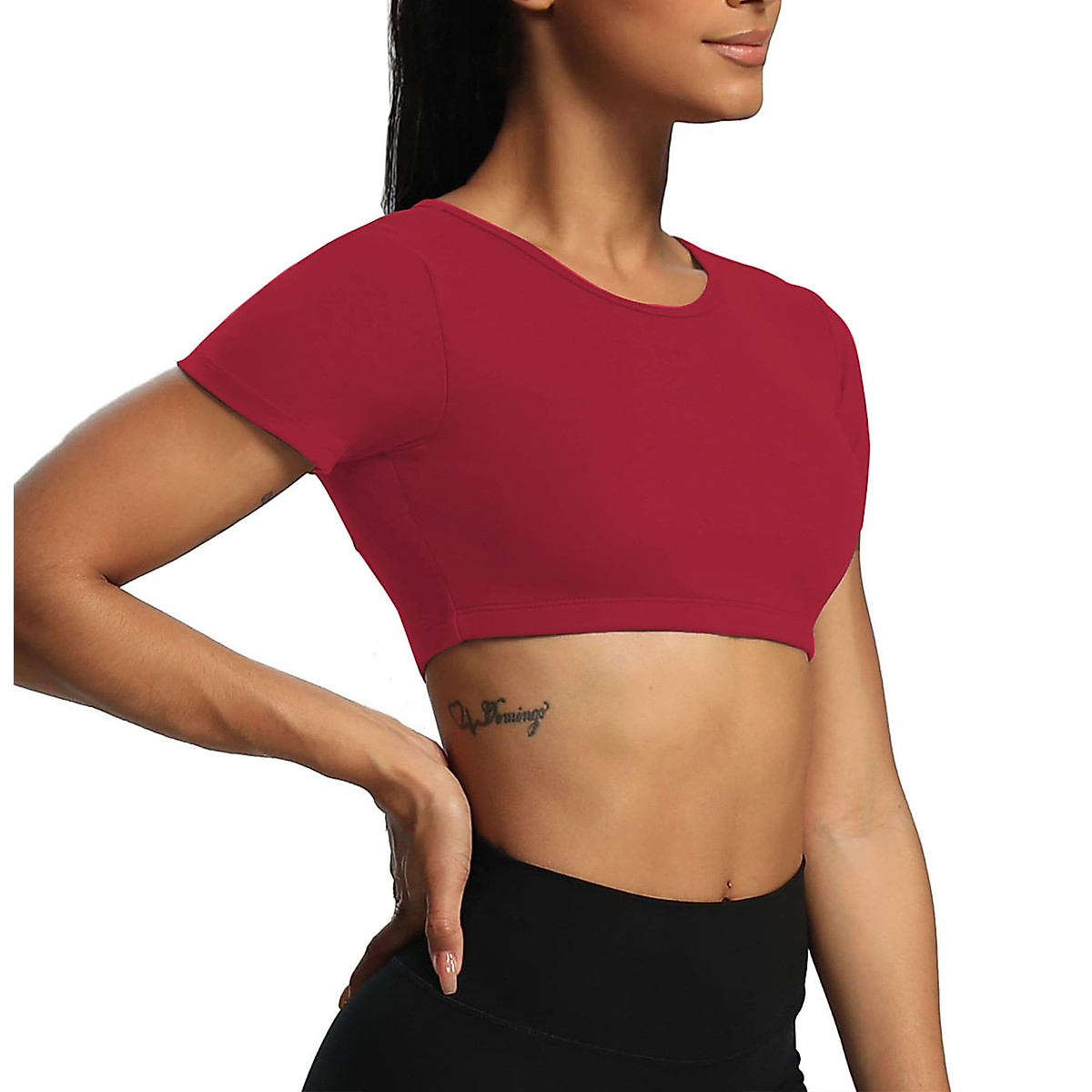 Aoxjox Short Sleeve Crop Tops for Women Clarissa Hollow Back Workout Cropped T Shirt Top (Rumba Red, Small)