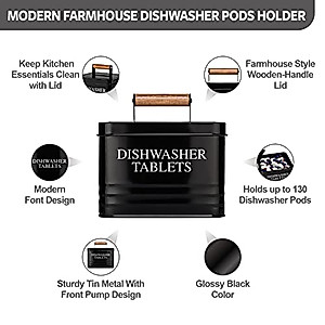Calindiana Modern Farmhouse Metal Dishwasher Pods Container Holder with Lid for Kitchen Organization and Storage, Kitchen Essentials Decor Accessories, Black