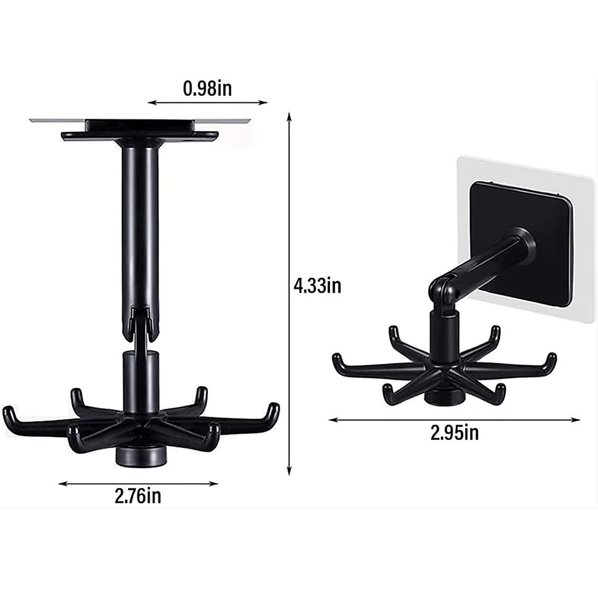 Fengirl Kitchen Utensil Hanger with 6 Hooks, Under Cabinet Utensil Holder Hanger Hook for Kitchen and Bathroom, 360° Rotatable Space Saving No Drilling Nail Free Organizer Hook, 2 Pack (Black)