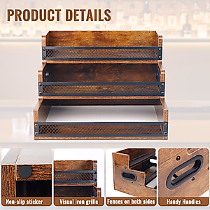 Liquor Bottle Display Shelf, Coffee Syrup Rack Organizer, 3 Step Countertop Liquor Wine Rack, 12 Bottles Coffee Station Organizer with Fences & Handles, Home Retro Bar Shelf Stand for Liquor Whiskey