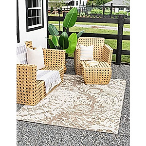 Unique Loom Modern Collection Botanical, High-Low Pile, Contemporary, Vintage, Indoor and Outdoor Area Rug, 6' 0" x 9' 0", Ivory/Brown