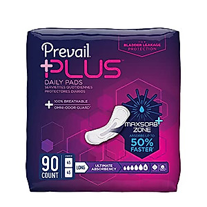 Prevail Plus | Long Length Incontinence Bladder Control Pads | Ultimate Absorbency | 90 Count (2 packs or 45)