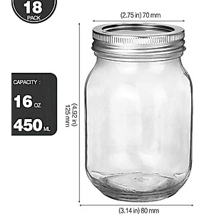 KAMOTA Mason Jars 16 oz With Regular Lids and Bands, Ideal for Jam, Honey, Wedding Favors, Shower Favors,DIY Spice Jars, 18 PACK, 20 Whiteboard Labels Included
