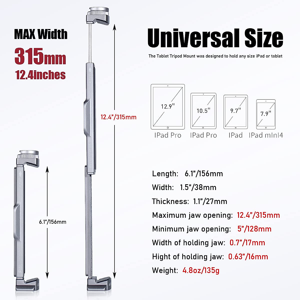 ARNARKOK Metal Tablet Tripod Mount, 7.9-12.9in Ipad Holder, Rotatable Cold Shoe, 2 Acra Swiss QR Bracket, Universal Tablet Mount for Video Recording