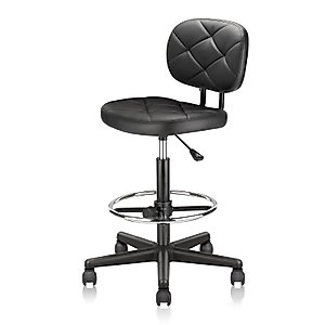 KLASIKA PU Leather Rolling Stool with Foot Rest and Back Support, Adjustable Diamond Upholstered Drafting Chair with Wheels, Multi-Purpose Desk Chair for Home Office Bar Kitchen Shop, Black (1PK)