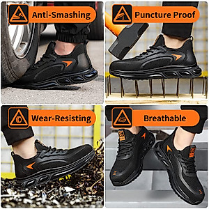 Steel Toe Shoes for Men Comfortable Lightweight Indestructible Work Sneakers for Men Puncture Proof Slip On Safety Shoes for Industrial,Coustruction Black