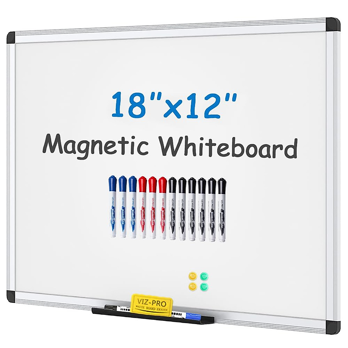 VIZ-PRO Magnetic Whiteboard/Dry Erase Board, 18 X 12 Inches, with 1 Eraser & 14 Markers & 4 Magnets