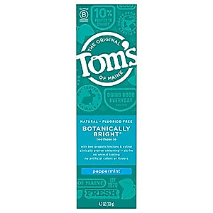 Tom's of Maine Natural Fluoride-Free SLS-Free Botanically Bright Toothpaste, Peppermint, 4.7 oz. (Packaging May Vary)