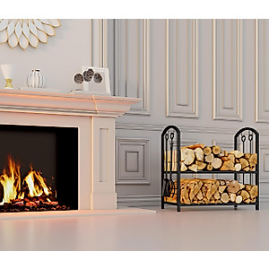 Fire Beauty Fireplace Firewood Log Rack 5-Piece Storage Logs Holder with Tools Set with 4 Tools Set Fireside Holders Wood Lumber Storage Stacking Black