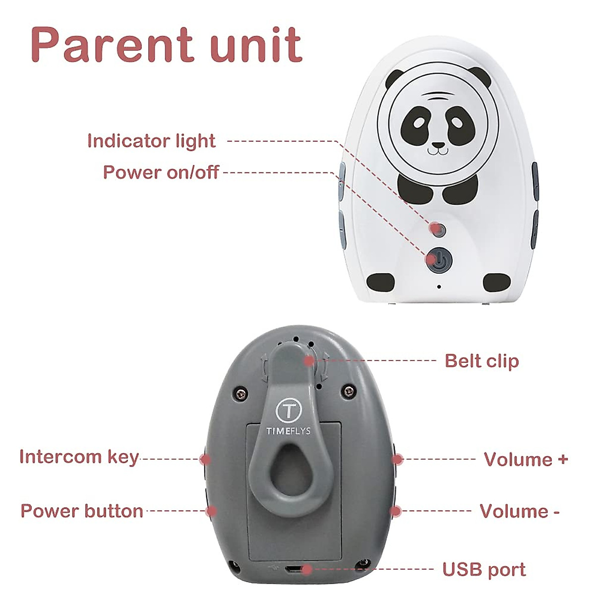 TimeFlys Audio Baby Monitor Digital Focus Panda Baby Monitor Two Way Talk Rechargeable Battery 1000 Feet Long Range USB Connection Paging Night Light Cute