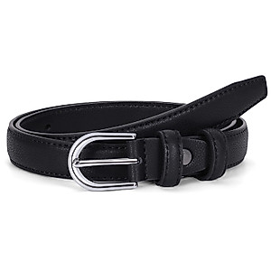 WERFORU Women Leather Skinny Belt for Dress Black Adjustable Waist Belt for Lady (Silver Black,Fit Size 30-34 Inch)