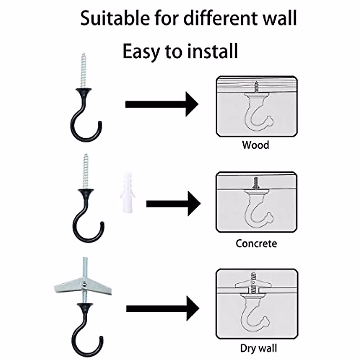 Evsteluo 2 Sets Large Swag Ceiling Hooks Heavy Duty Swag Hook with Hardware for Hanging Plants Ceiling Installation Cavity Wall Fixing (2 Sets, Black)