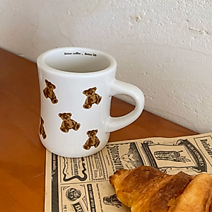 Heardbeli Women Girls Creamy White Cartoon Bear Mugs Ceramic Coffee Mug Water Cup 350ML/12OZ. Cute Funny Novelty Gift