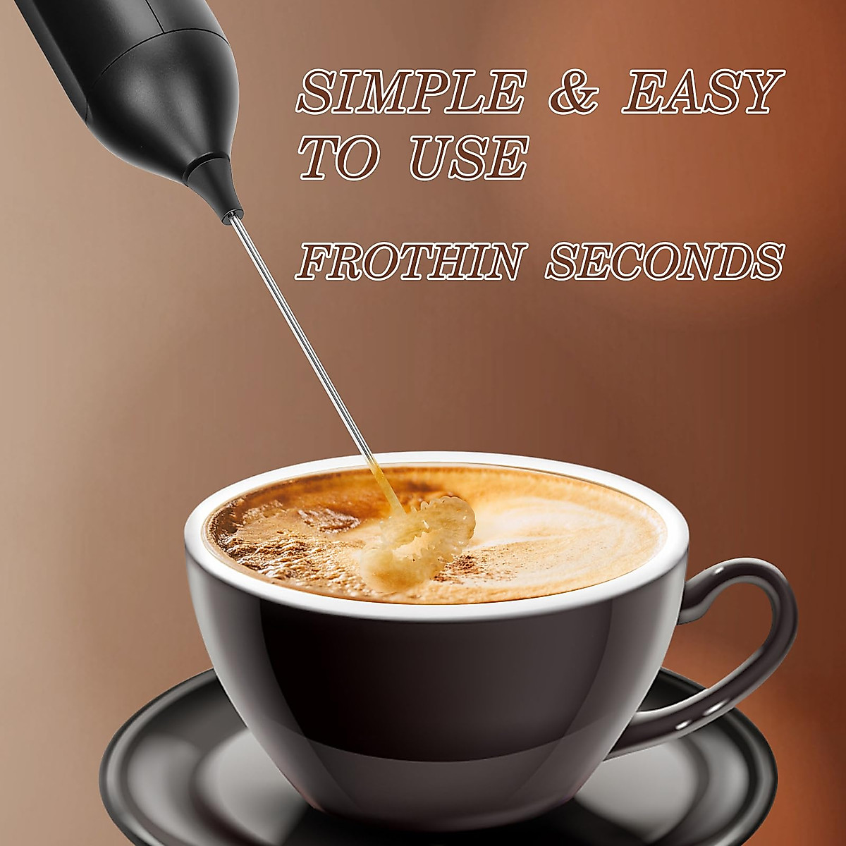 FYY Milk Frother Handheld, Electric Foam Maker with Stainless Steel Whisk, Rechargeable Frother Drink Mixer with USB-C Cable for Coffee, Lattes, Cappuccino, Frappe, Matcha, Hot Chocolate,-Black