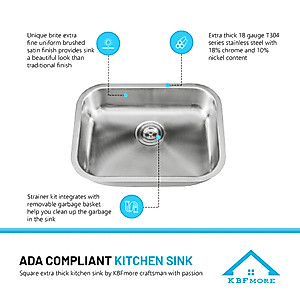 KBFmore 23 Inch Single Bowl ADA Compliant Stainless Steel Kitchen Sink, Rust Resistant Sound and Heatproof Shallow Drain 18 Gauge Undermount Sink with Sink Strainer and Removable Garbage Basket