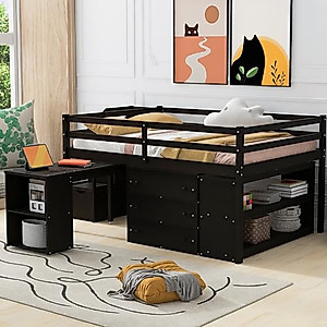 BIADNBZ Full Size Low Loft Bed with Storage Stairs, Retractable Writing Desk and 3 Drawers, Wooden Loftbed with Shelves for Kids Boys Girls Bedroom, Espresso