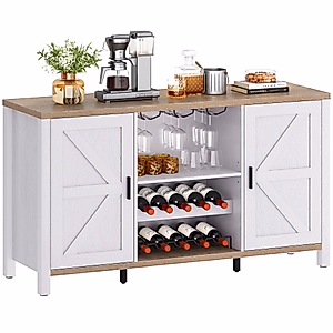 YITAHOME Farmhouse Coffee Bar Cabinet, Barn Doors Liquor Cabinet with Storage, 55'' Sideboard Buffet Kitchen Storage Cabinet with Wine Racks and Glass Holders for Kitchen, Dining Room, Antique White